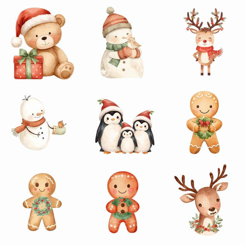 Watercolor Christmas Clipart Bundle, Kawaii PNG Images (digital ...