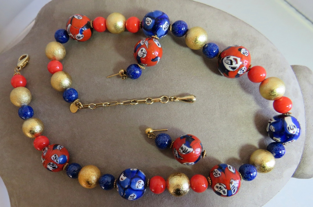 SMITHSONIAN INSTITUTION Signed Red-blue FACE Bead Necklace & Post ...
