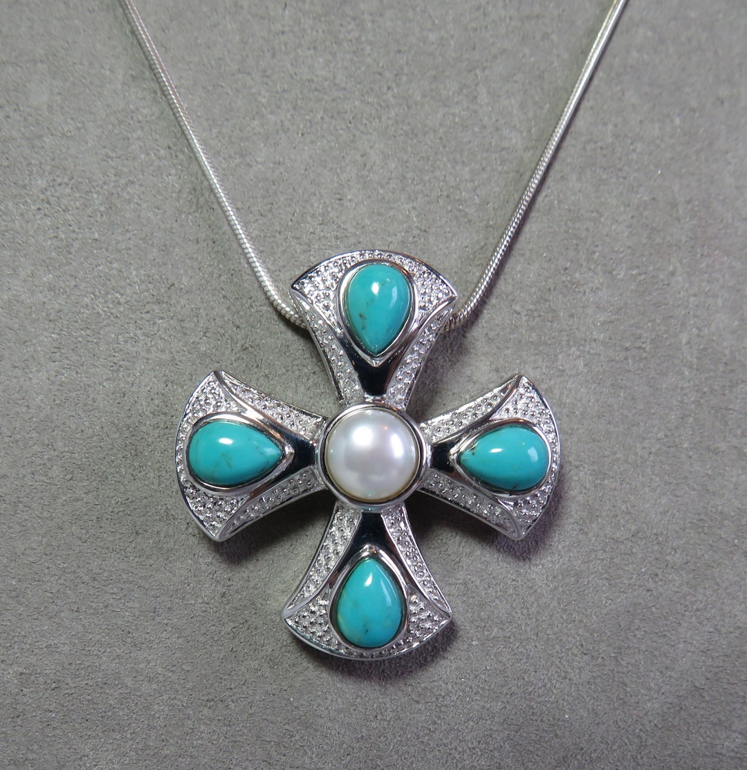 Turquoise & Sterling Silver Cross Pendant Necklace W/ Pearl Center ...