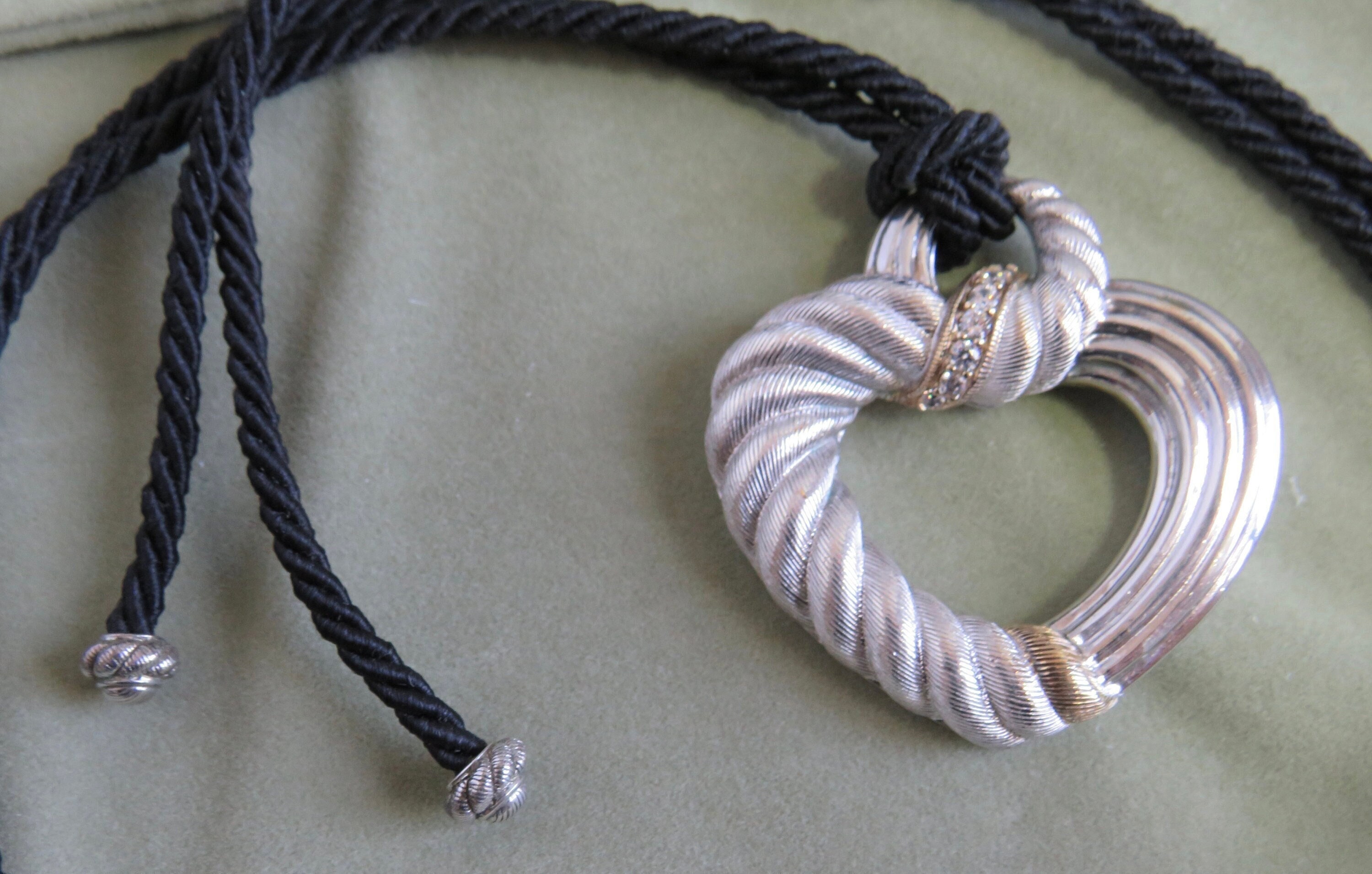 JUDITH RIPKA Signed Sterling and Diamonique cz HEART Pendant on Silk Cord WV2 Etsy