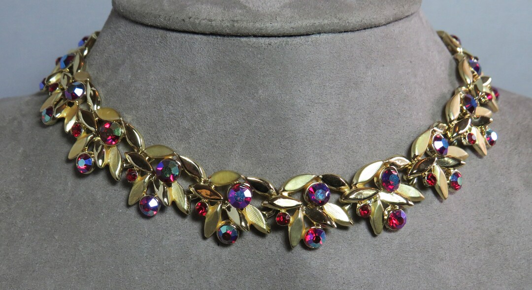 KRAMER RED Aurora Borealis Rhinestone & Gold Leaf Choker Necklace UBY25 ...