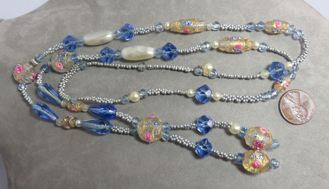 1920s Flapper Necklace W/ Wedding Cake & Blue Glass Beads UCH17 - Etsy