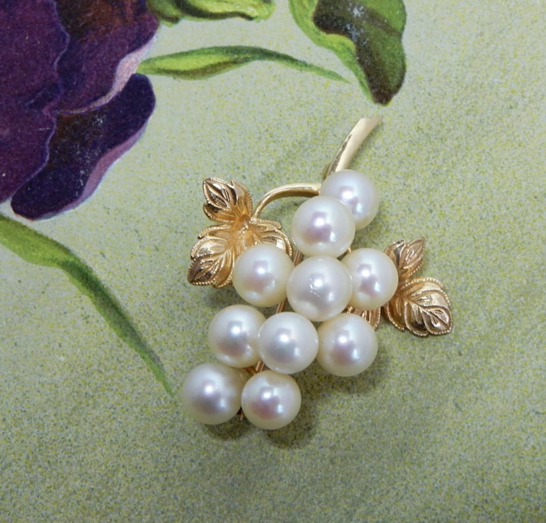 14k Fine Yellow Gold & Pearl Grape Cluster Brooch / Pin 7.6 Grams NCY32 ...