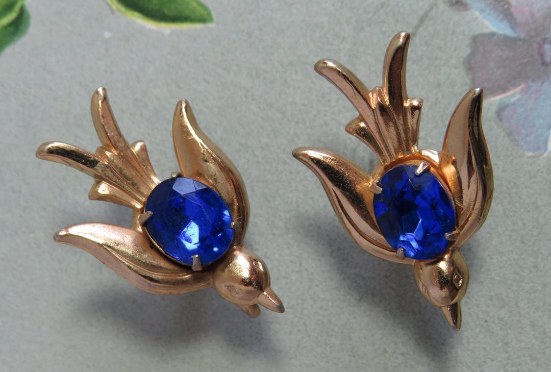 CORO Signed Adolf Katz Blue Flying Swallow Bird Screw Back Earrings ...