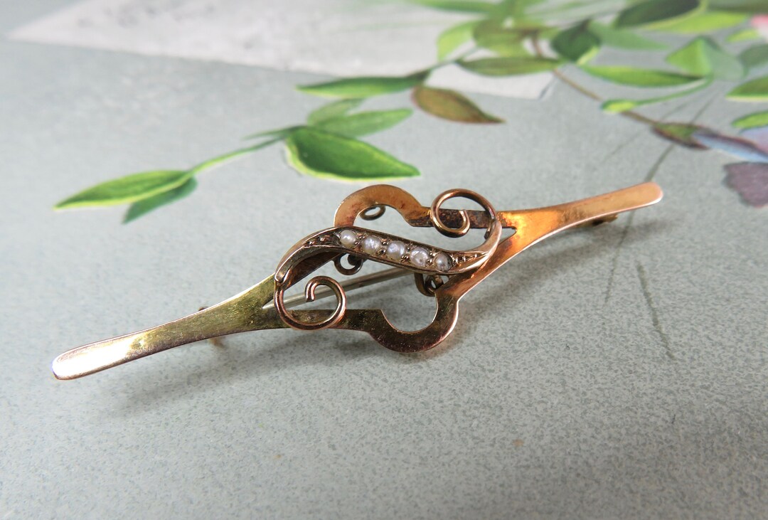 10k Fine Yellow Gold Bar Pin W/ Seed Pearls SDE16 - Etsy