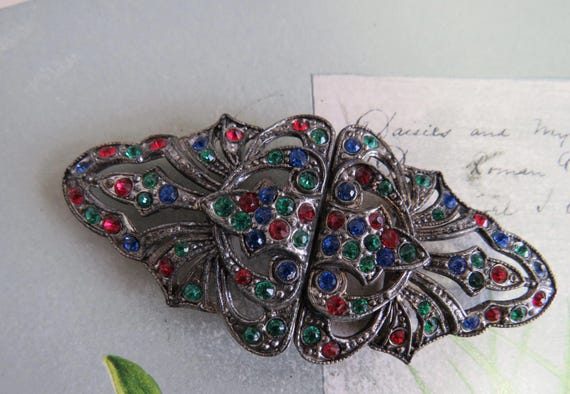 1920s Art Deco Multi Colored Rhinestone 2 piece Buckl… - Gem