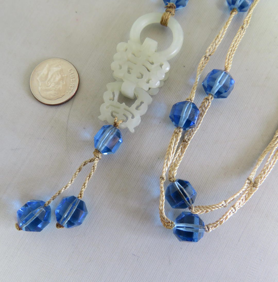 1920s Flapper Style Necklace W/ Carved White Jade 'happiness' Symbols ...