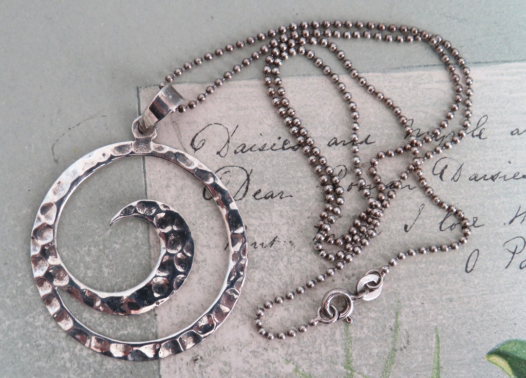 Hammered Sterling Silver Circle Coil Pendant Necklace & 925 Bead Chain ...