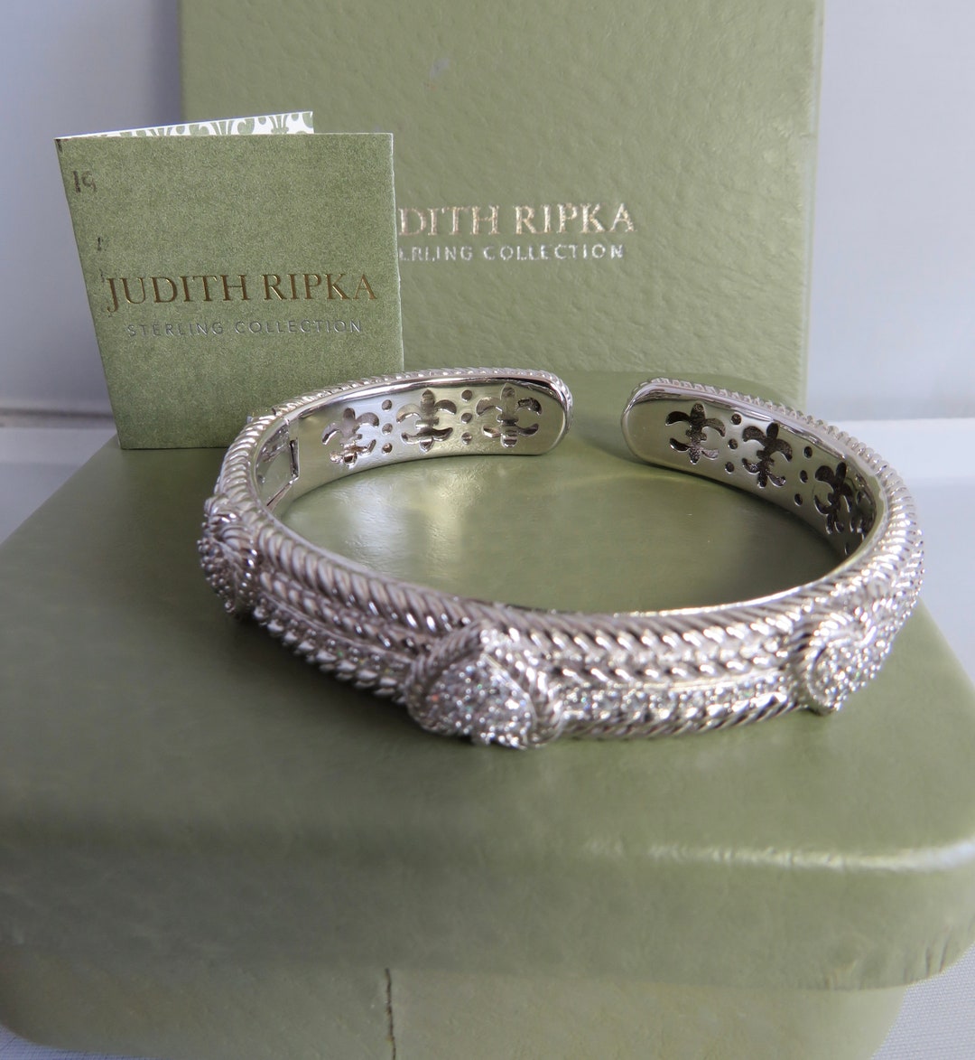 JUDITH RIPKA Sterling Silver & Clear Diamonique HEART Hinged Bangle ...