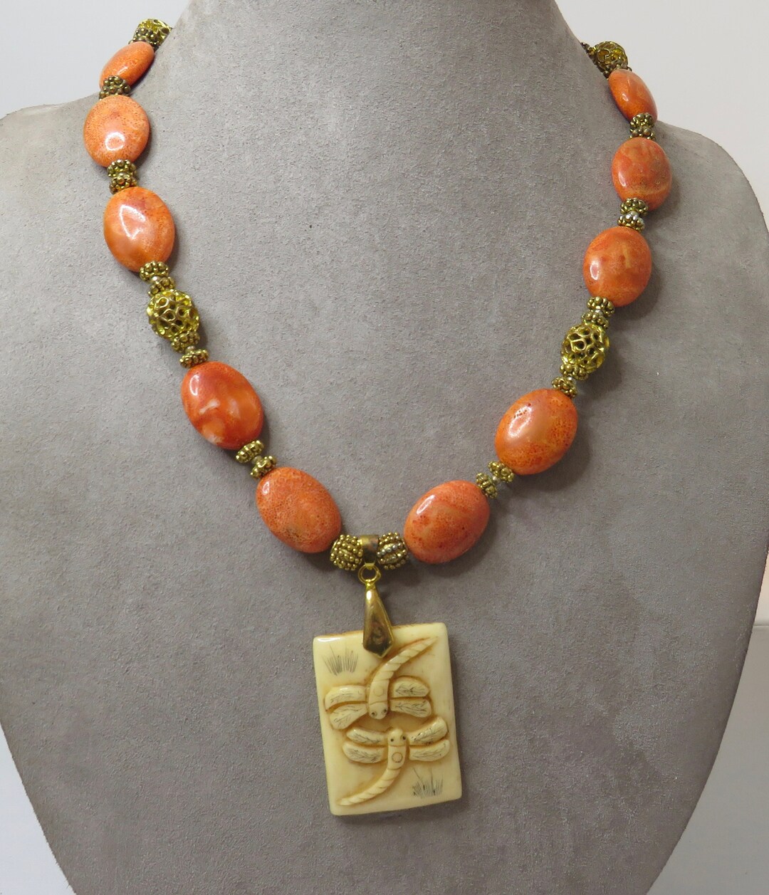 Genuine Coral Bead & Carved Bone Dragonfly Necklace TA17 - Etsy