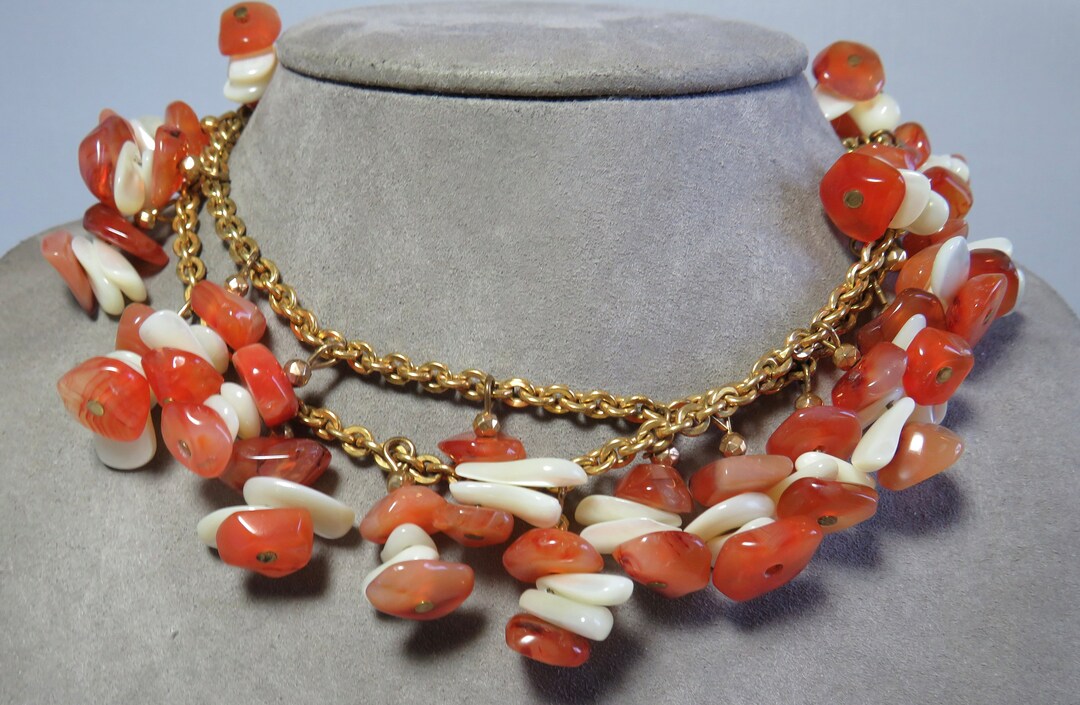 MIRIAM HASKELL Signed Mother of Pearl & Quartz Chip Necklace and Dangle ...