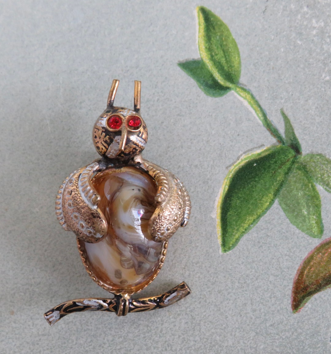Spanish Damascene OWL Art Glass Jelly Belly Brooch or Pin Miniature ...