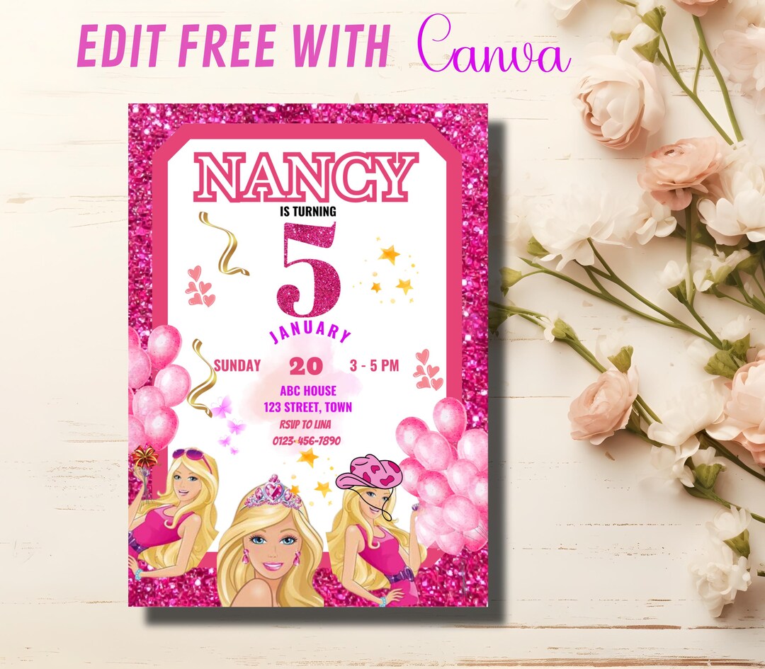 Editable Barbie Girl Party Invitation Fashion Doll Party Invite Girls ...