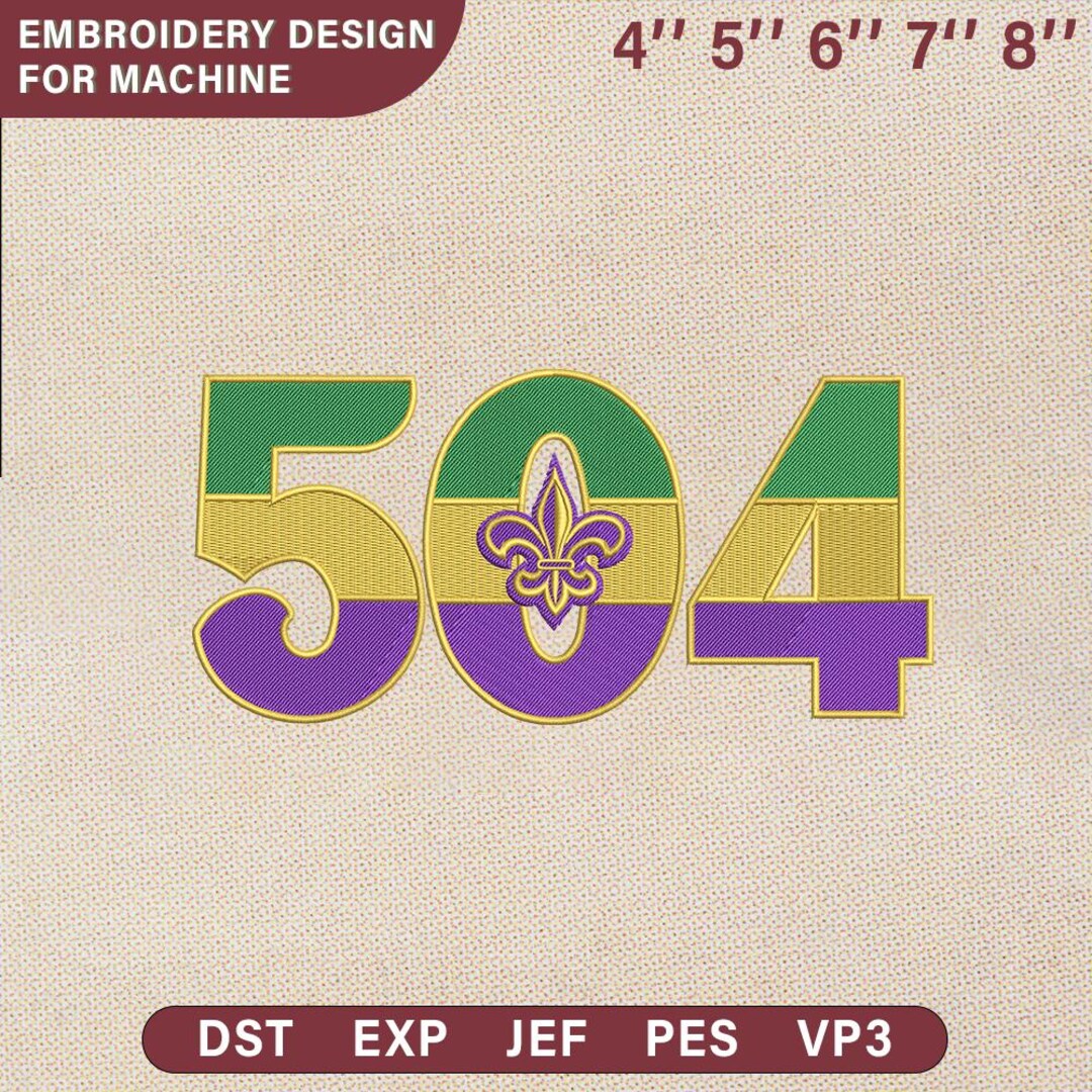 504 Mardi Gras Embroidery Design, New Orleans Area Code Fleur De Lis ...