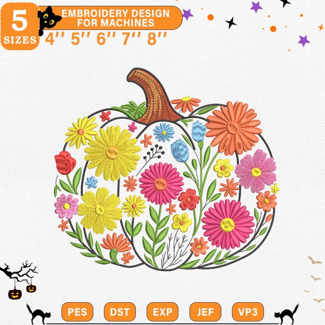 Colorful Daisy Pumpkin Embroidery Design, Floral Pumpkin, Halloween ...