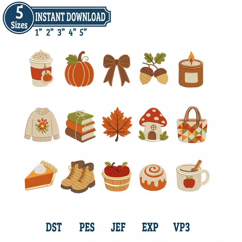 Paquete de bordado acogedor de otoño, diseños de bordado de mini iconos ...