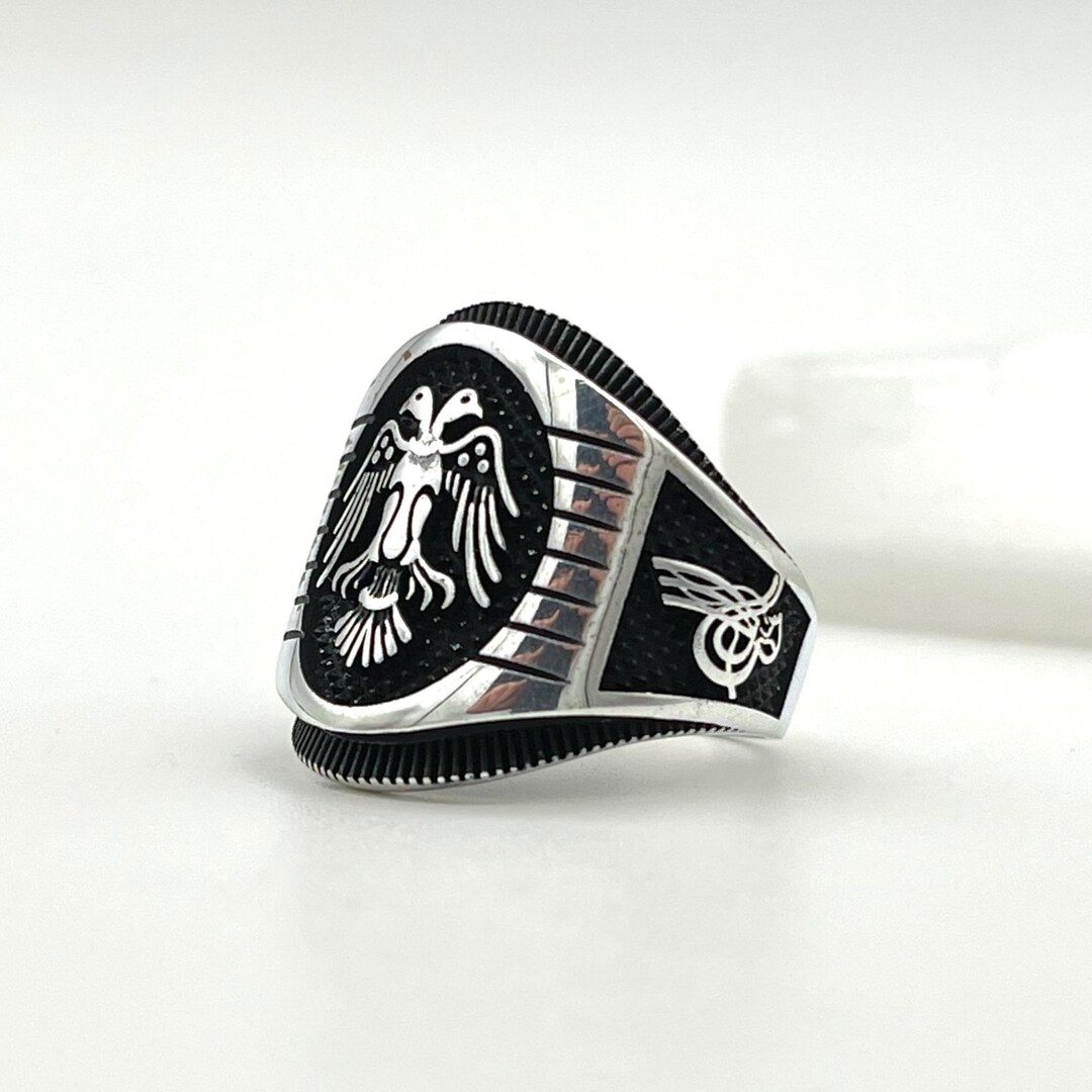 Double-headed Eagle and Tughra Motifs Ring for Him - Ottoman Style Band ...
