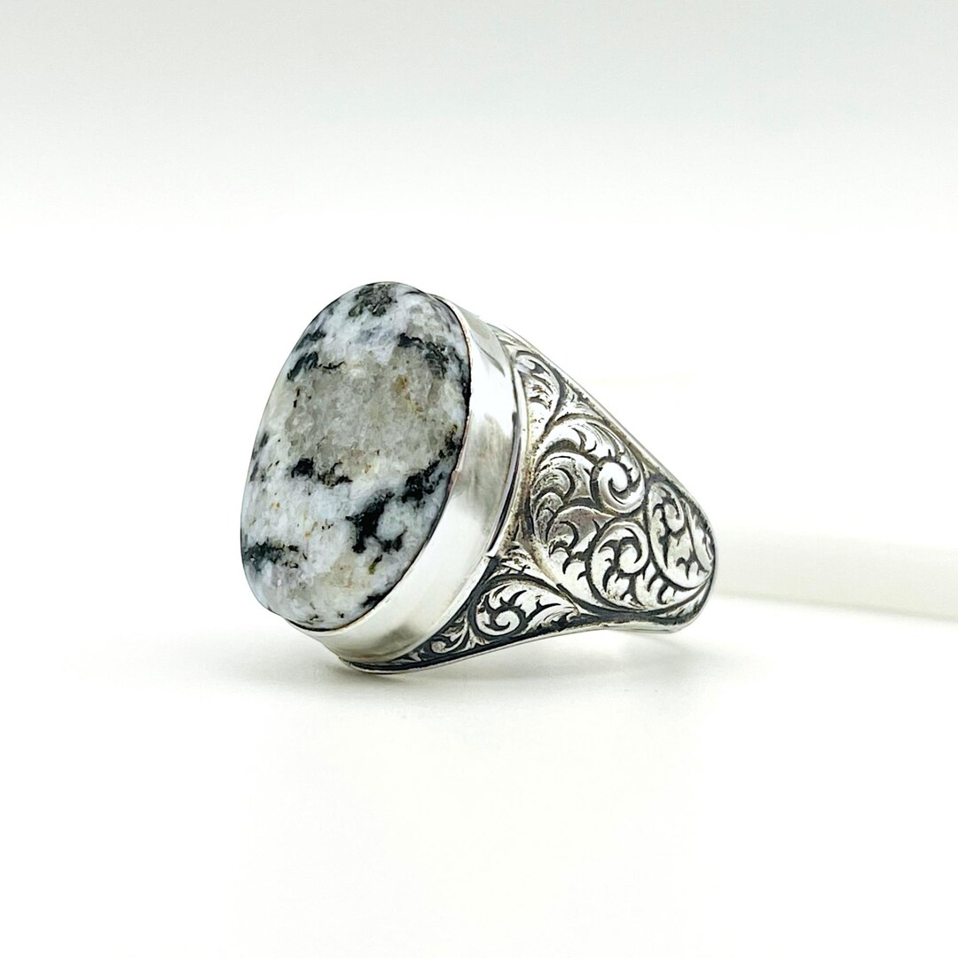 White Granite Gemstone Sterling Silver Men's Ring: Floral Design ...