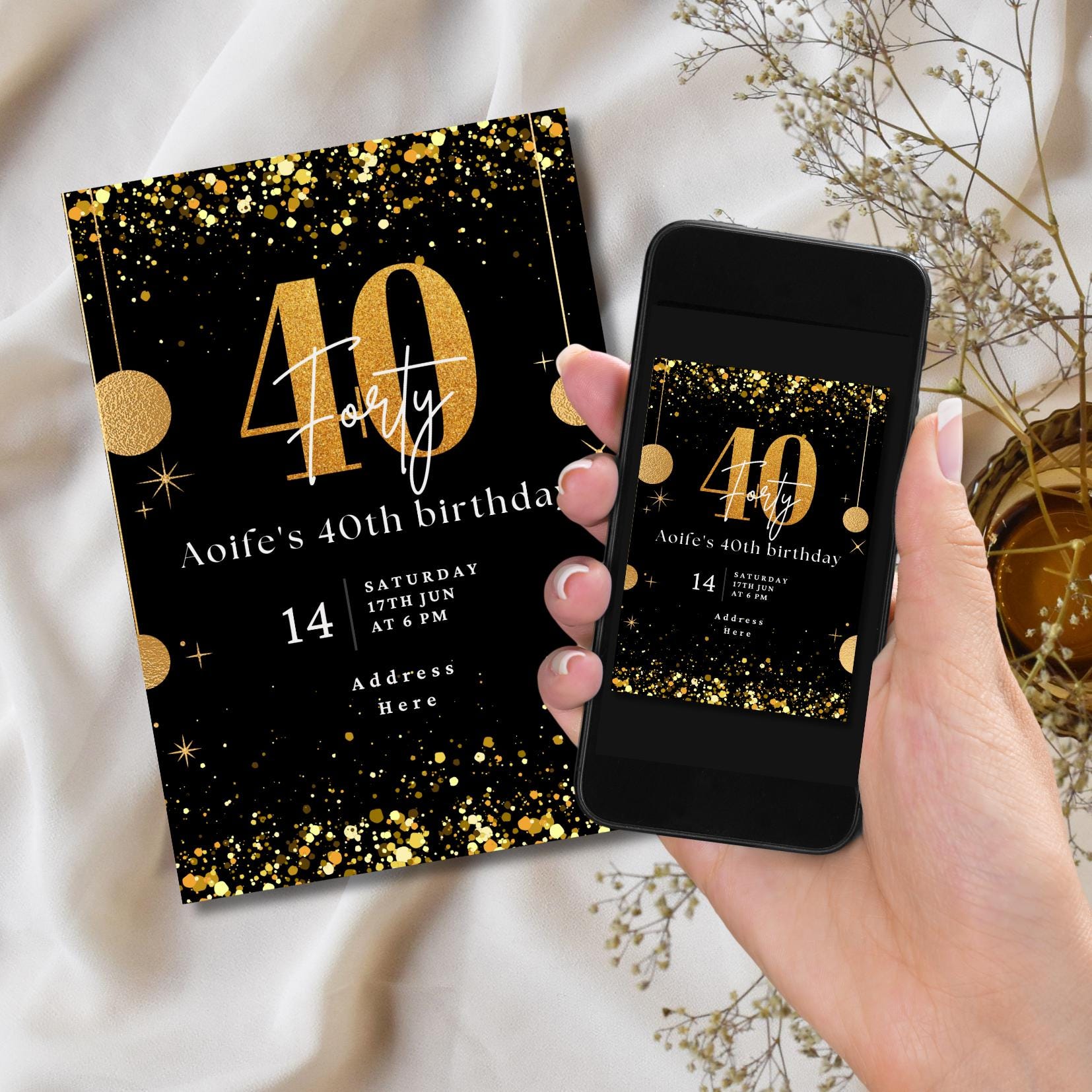 40th Birthday Invitation Template | Black & Gold Glitter Design ...