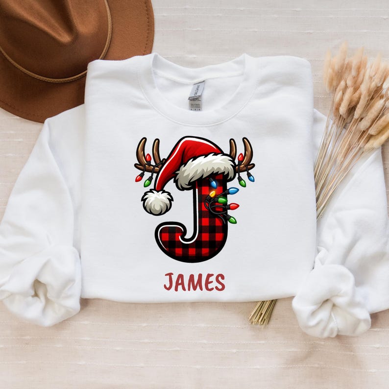 Personalized Plaid Initial Christmas Sweatshirt: Reindeer Holiday Tee ...