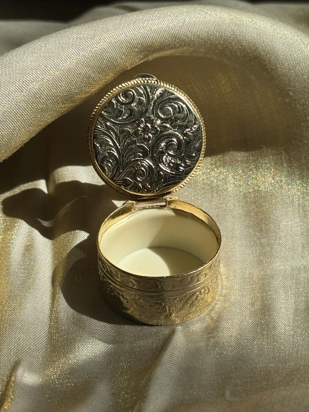 Vintage Brass Pill Box With Marble Effect Top, Hand-etched Floral ...