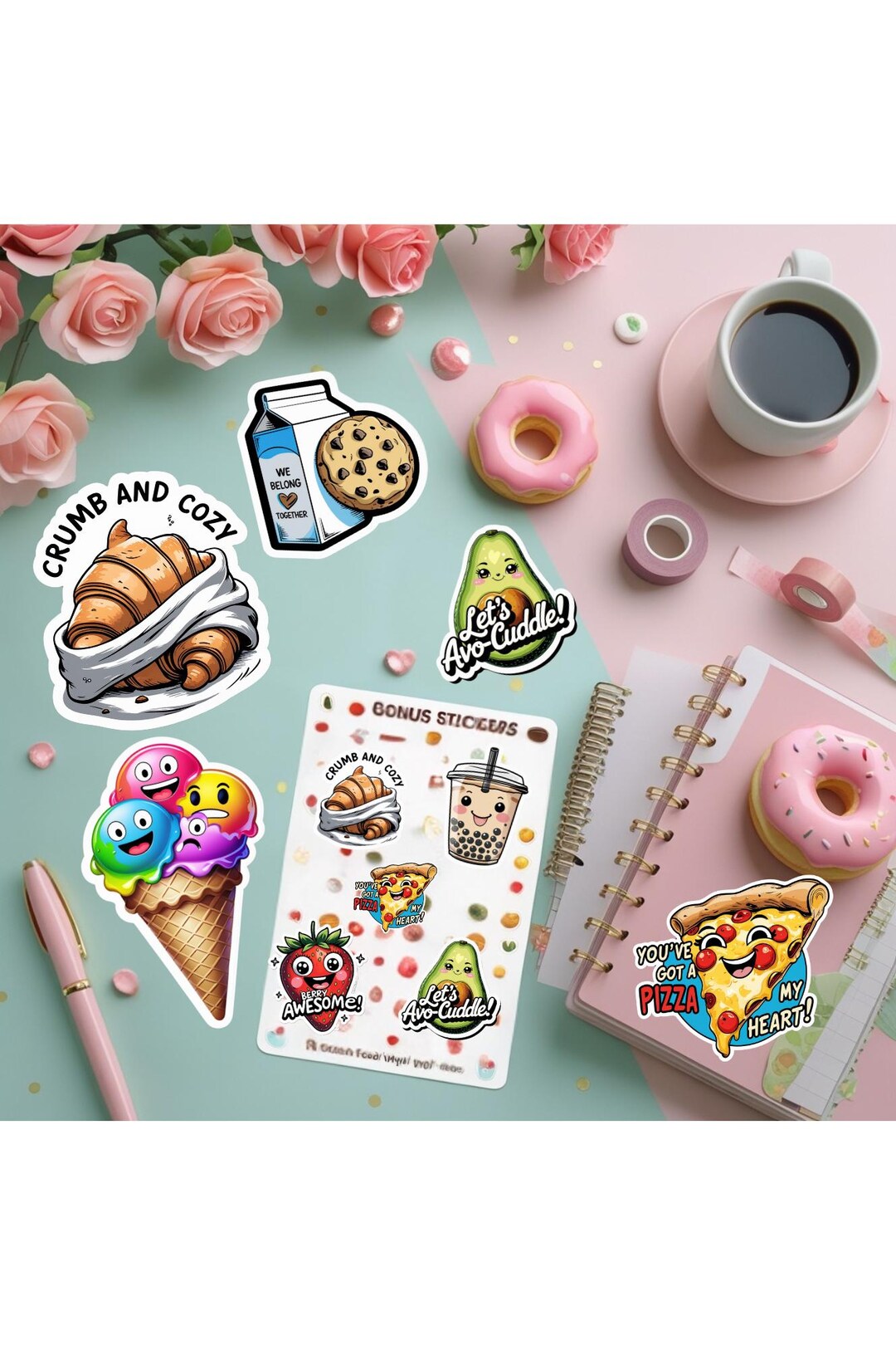 Kawaii Food Sticker Pack – 10 Cute Vinyl Stickers With Funny Food Puns ...
