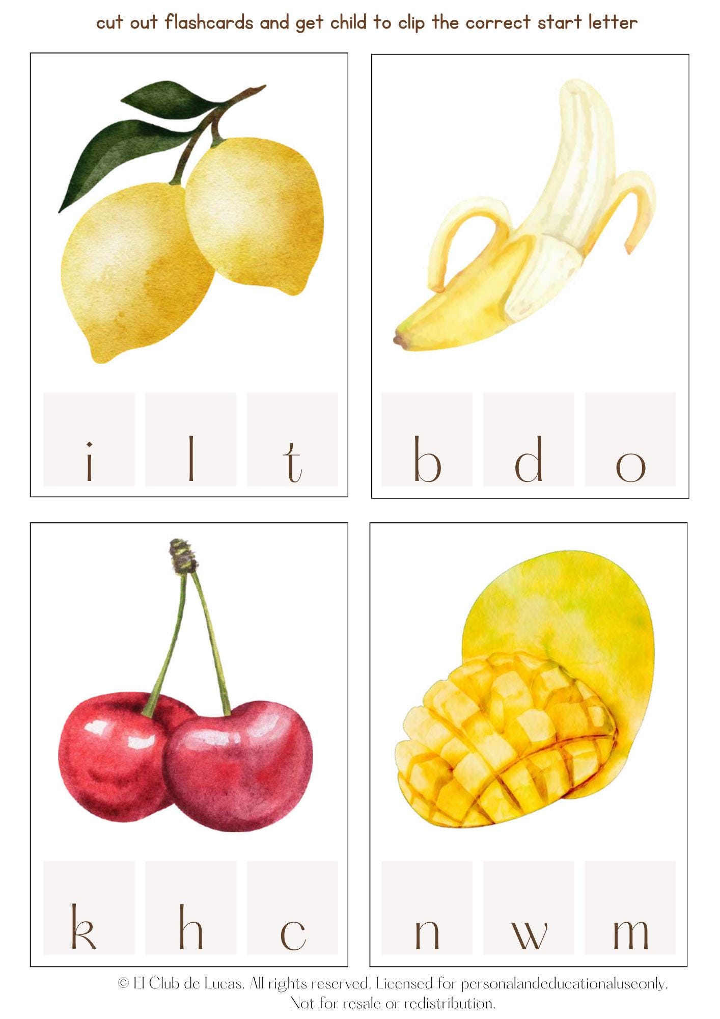 Fruit Flashcards Printable With 32 Cards Plus Clip the Letter Activity ...