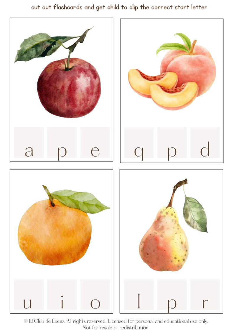 Fruit Flashcards Printable With 32 Cards Plus Clip the Letter Activity ...