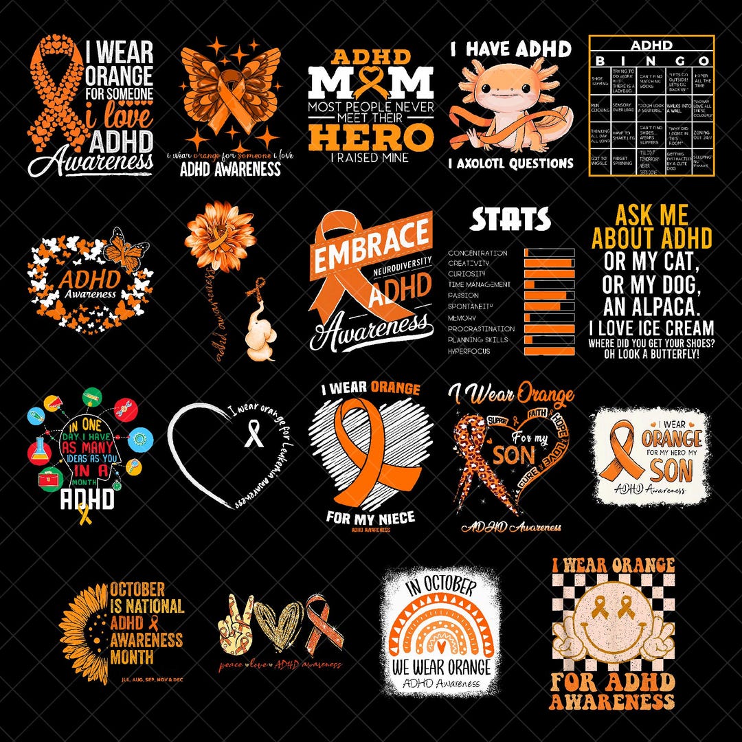 ADHD Awareness PNG Bundle, Orange Ribbon Sublimation, Neurodiversity ...