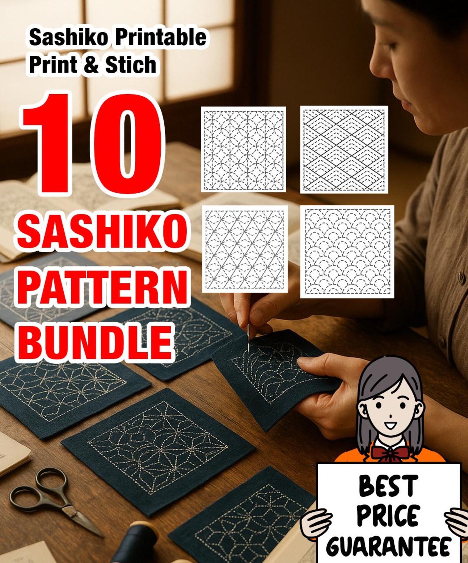 10x Sashiko Pattern Set | PDF & Jpeg Format | Sashiko Embroidery ...