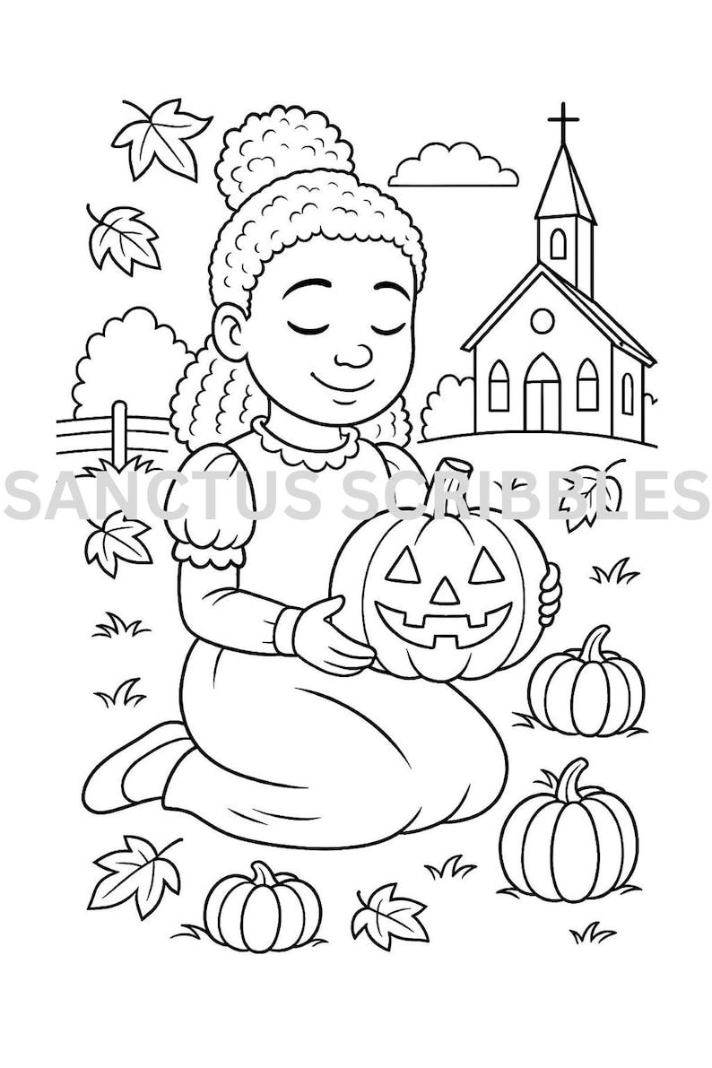 Catholic Fall Coloring Page | Girl With Pumpkin at Church | Catholic ...