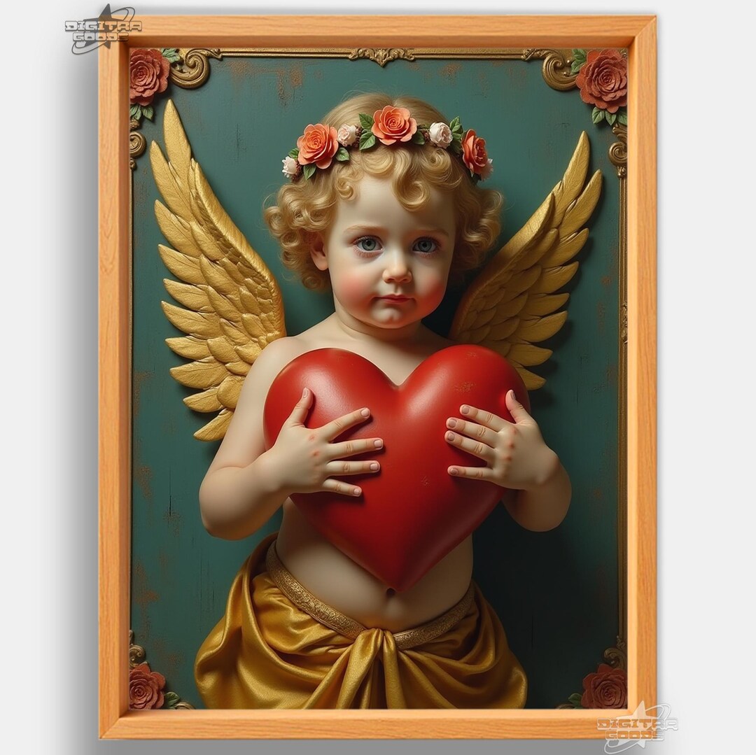 Cupid Angel Wall Art Printable Vintage Cherub Holding Heart Romantic ...