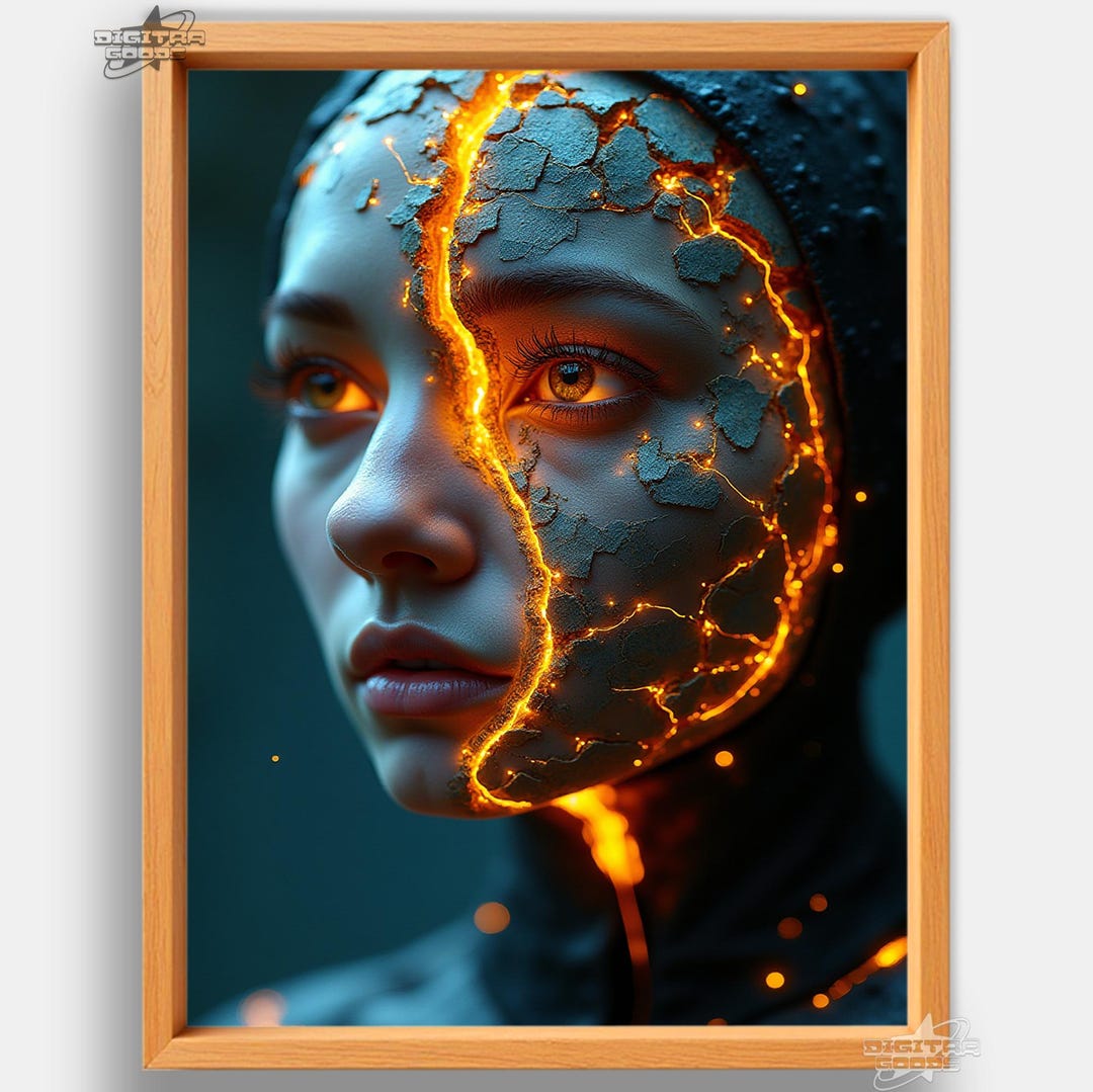 Luminous Lava Face Portrait Futuristic Sci-fi Woman Art Glowing Cracked ...