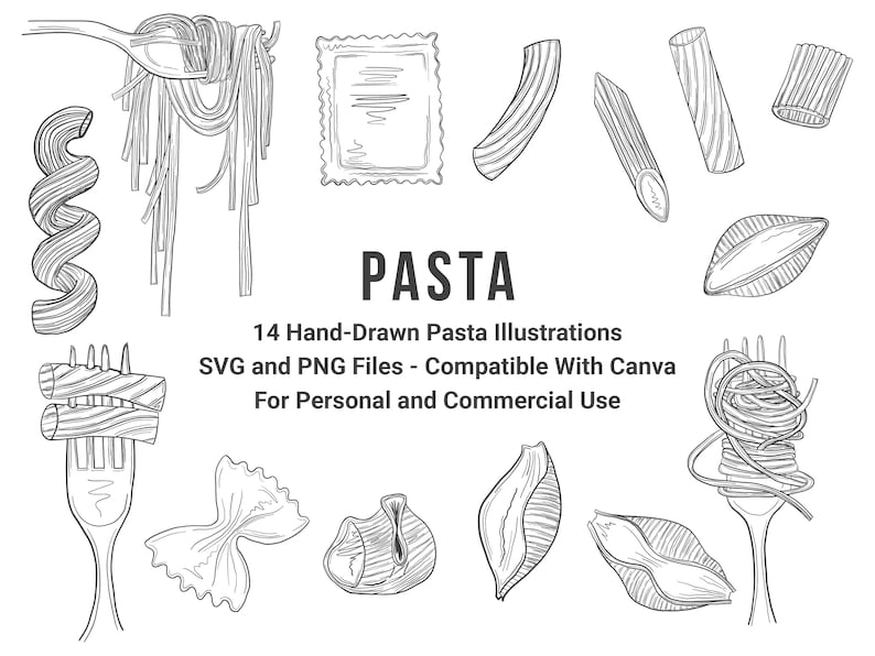 Hand-drawn Pasta Lineart Clipart, 14 PNG SVG Clipart Designs, Instant ...