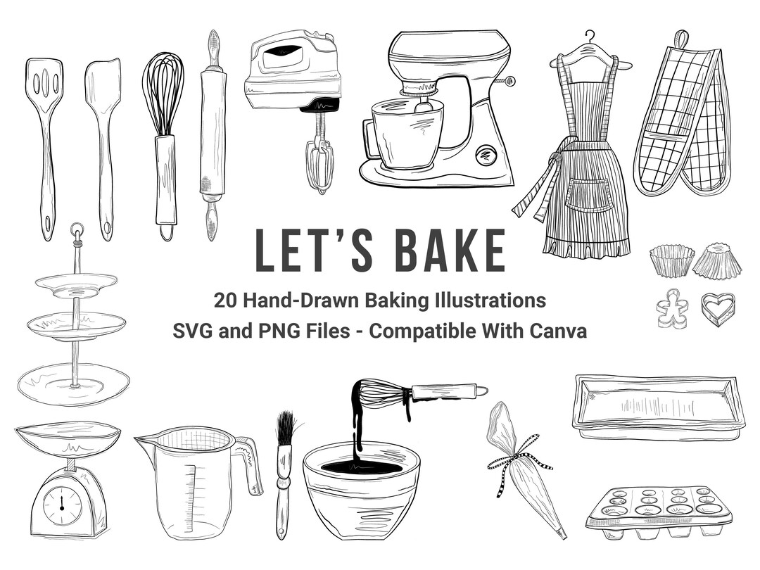 Hand-drawn Baking Lineart Clipart, 20 PNG SVG Clipart Designs,printable ...