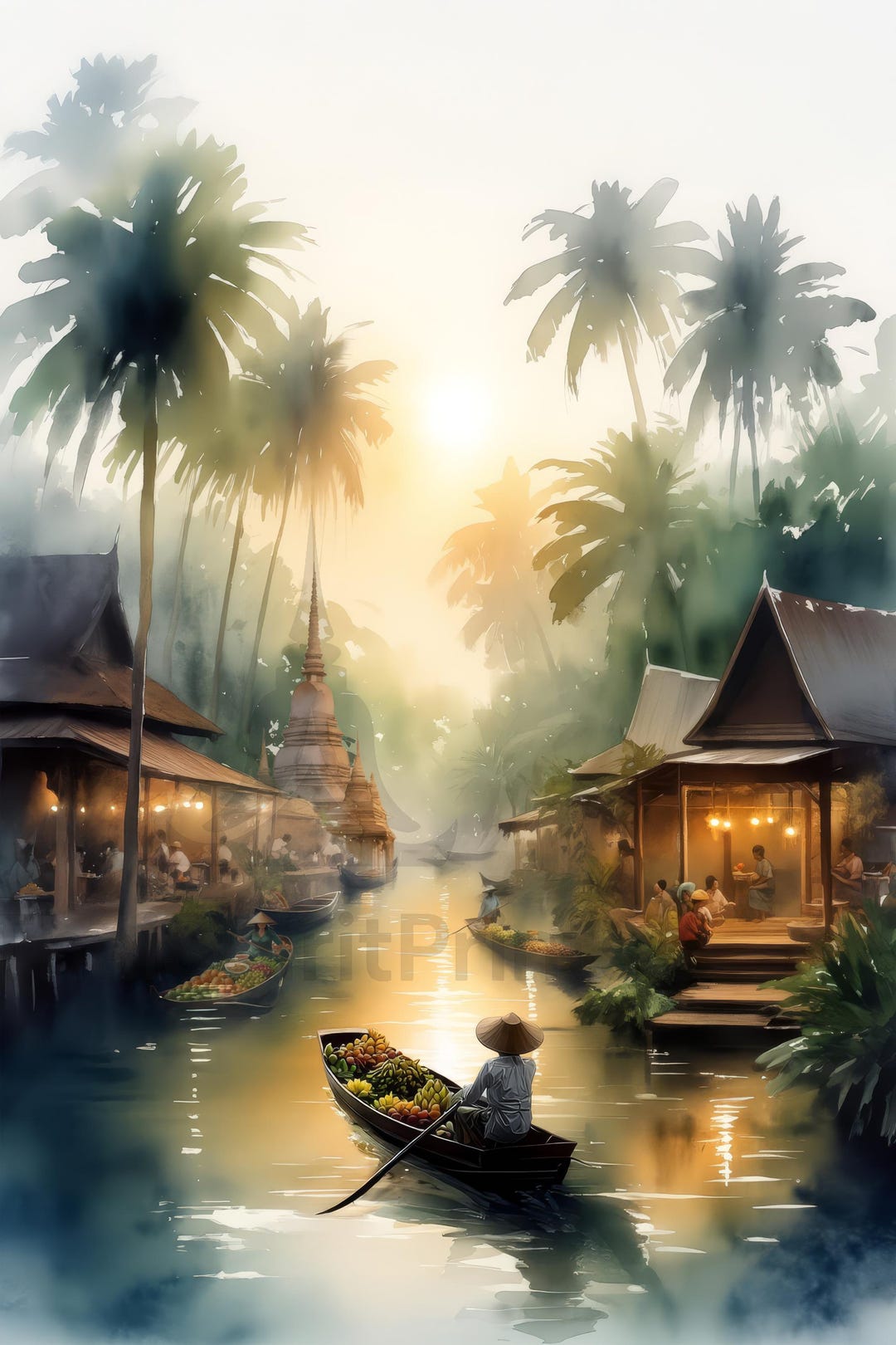 Floating Market at Sunrise – Watercolor Thai Wall Art, Southeast Asia ...