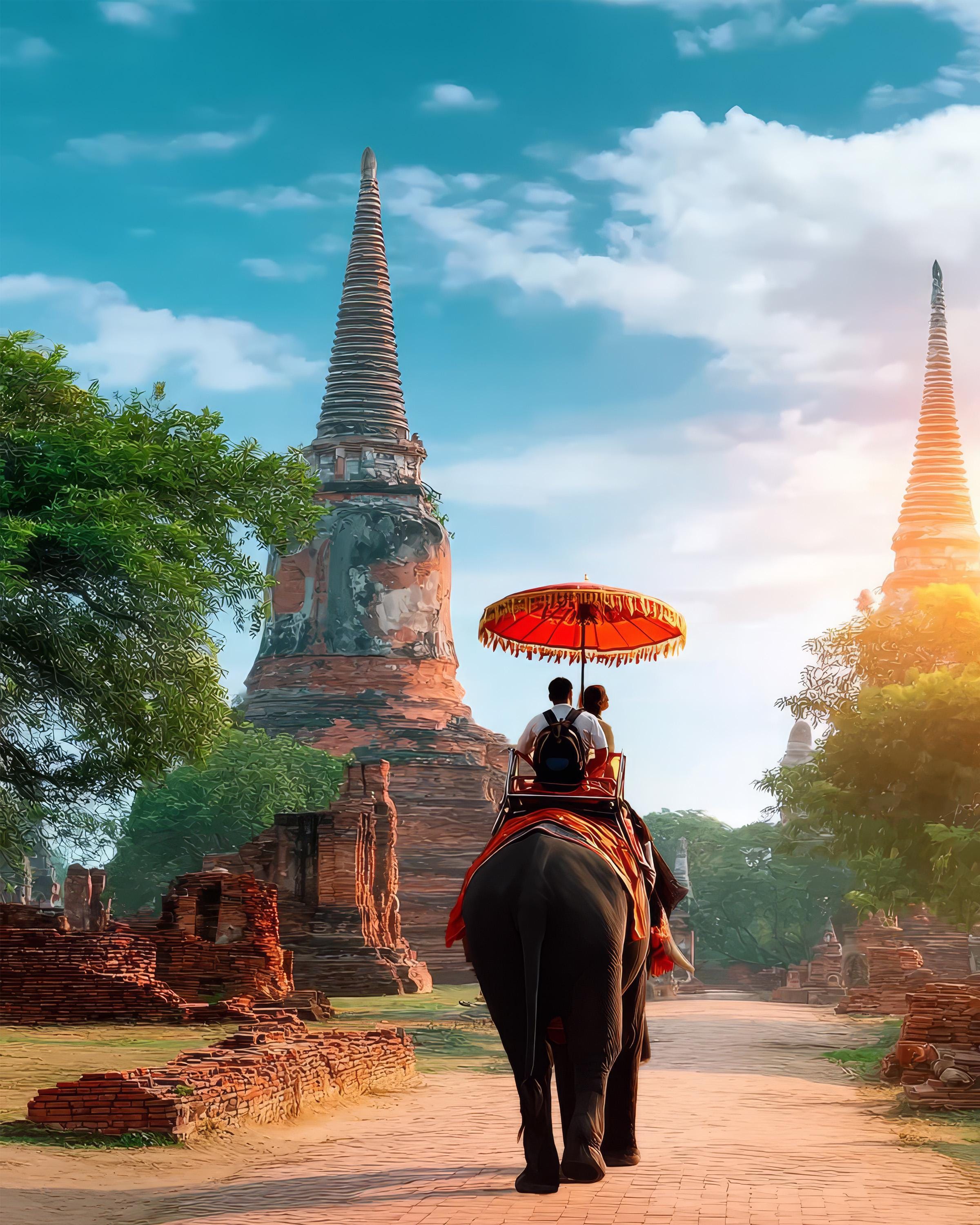 Ayutthaya Thailand Poster – Elephant Ride at Ancient Temple – Travel Wall Art Print – Southeast ...
