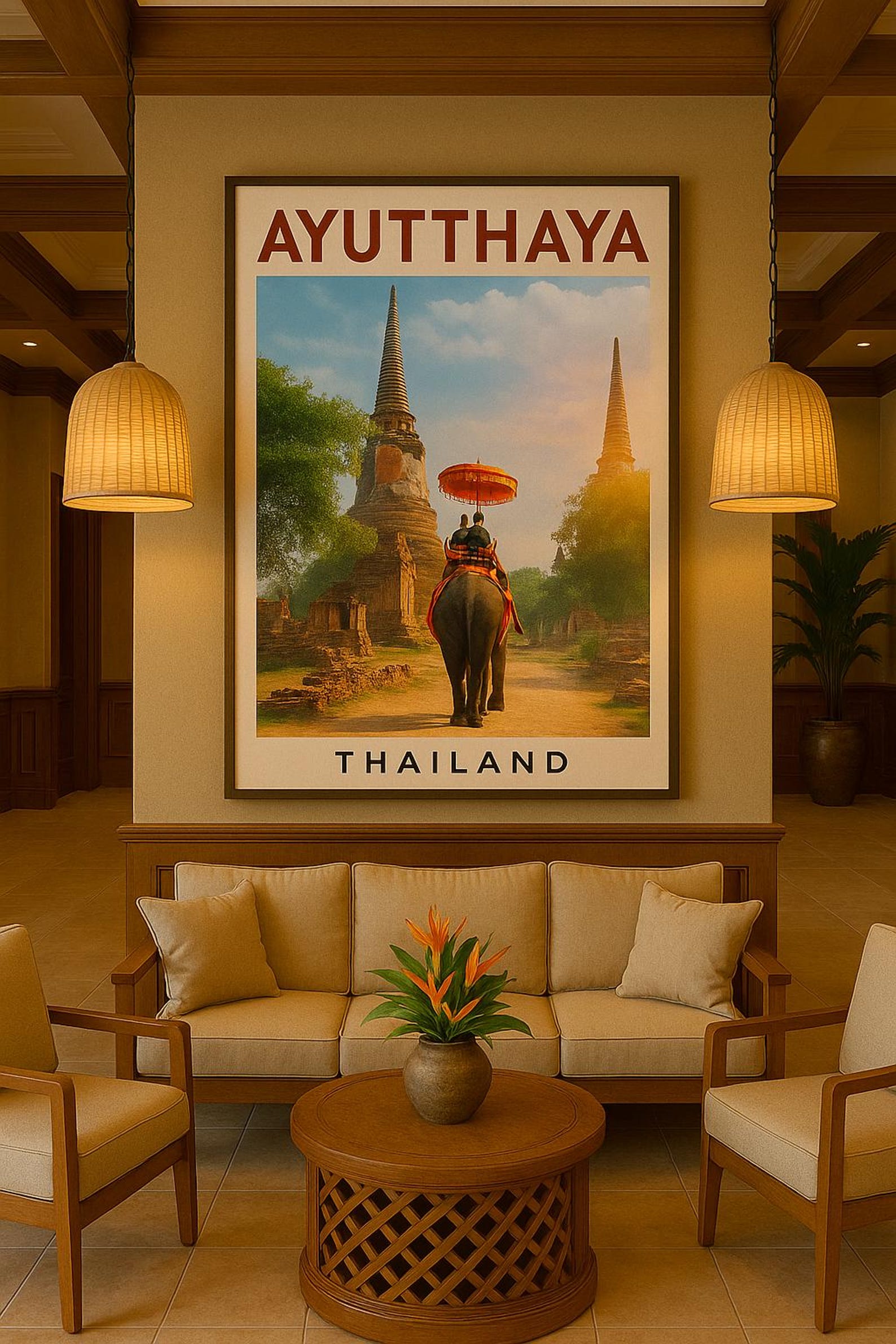 Ayutthaya Thailand Poster – Elephant Ride at Ancient Temple – Travel Wall Art Print – Southeast ...