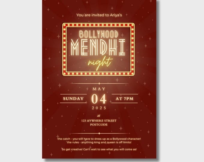 Bollywood Movie Night Invite Card Bollywood Theme Birthday Invite for ...