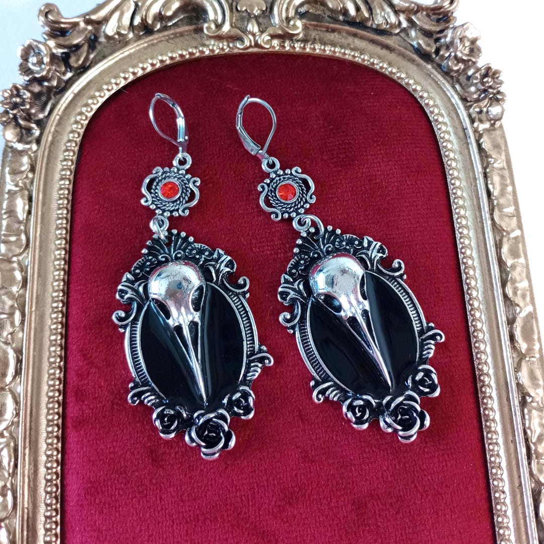 Gothic Crow Earrings, Witch Occult Red Crystal Dangles, Dark Fantasy ...