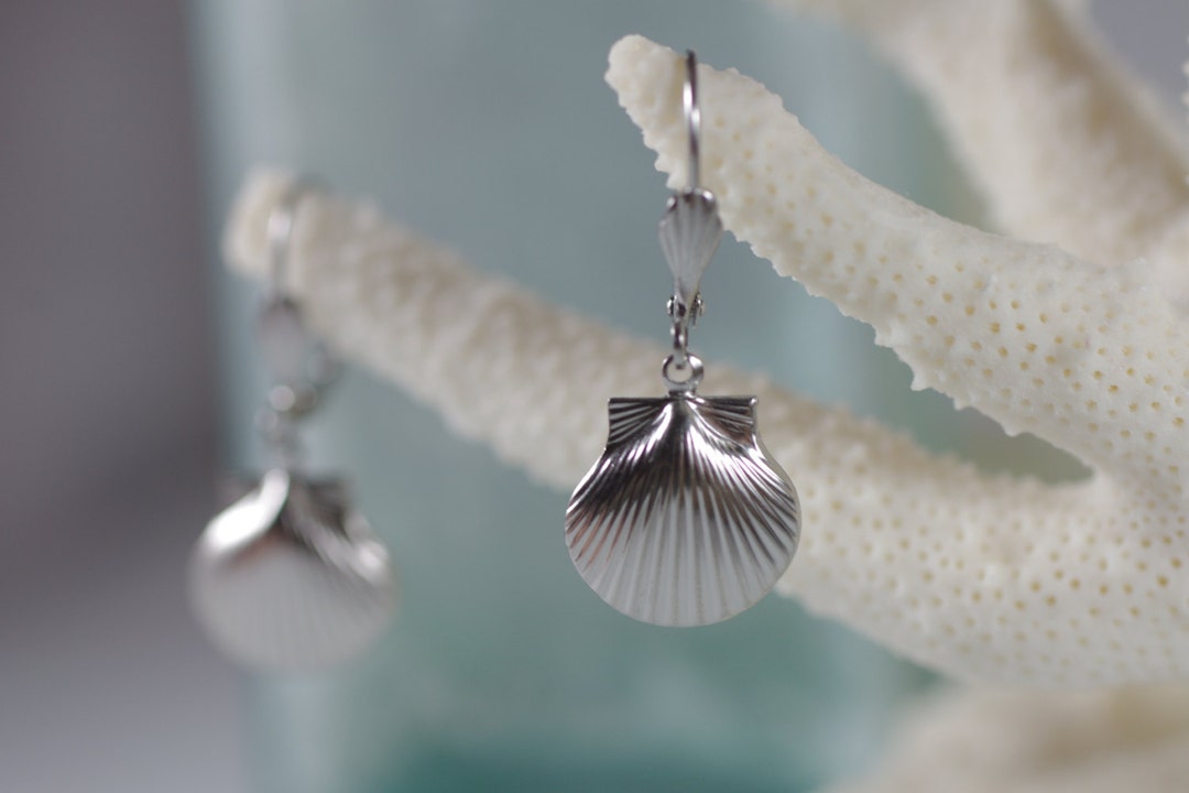 Allergy Free Scallop Shell Dangle Leverback Earrings - Gold or Silver ...