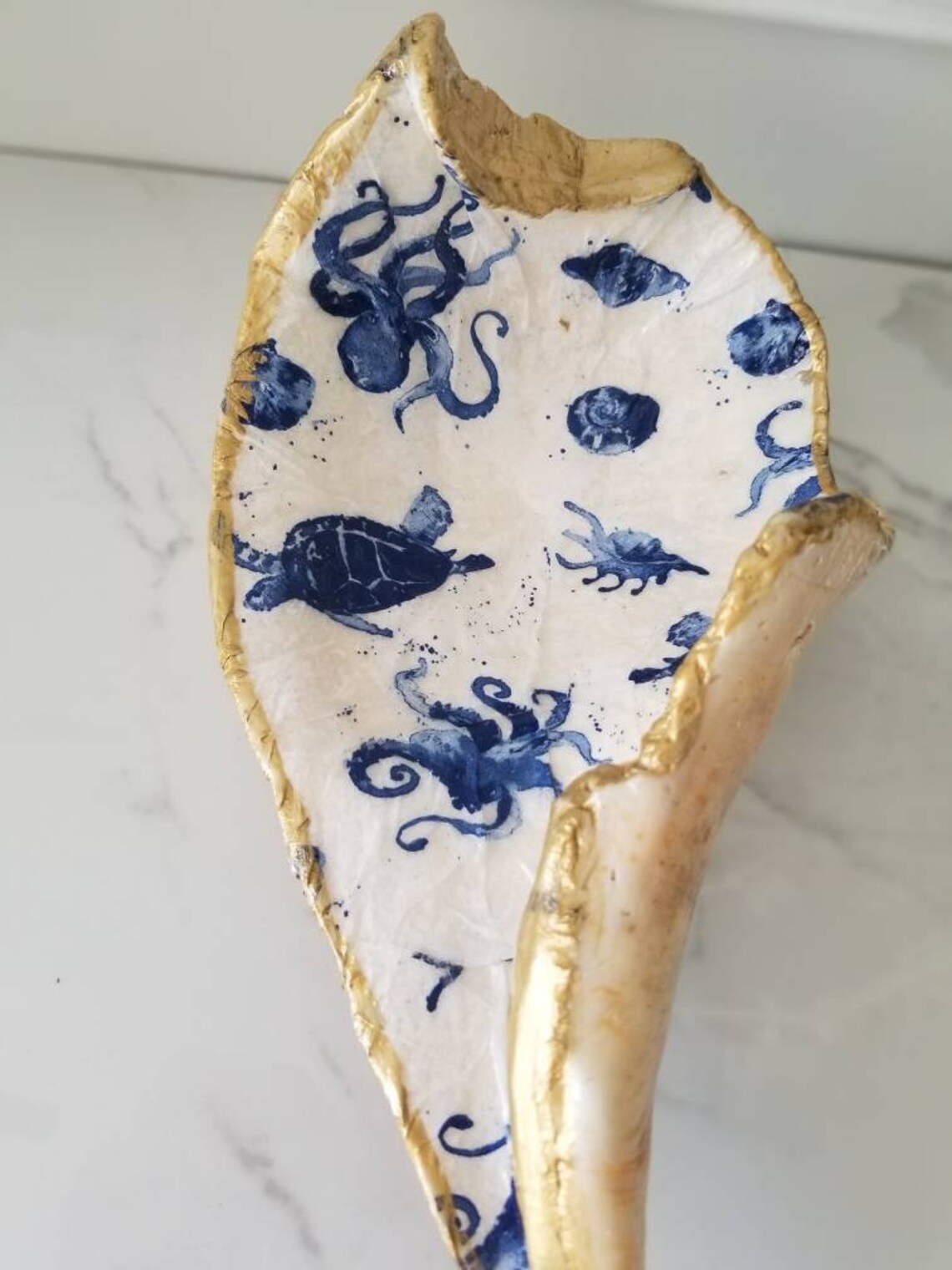 Conch Shell Decoupaged Sea Life Trinket Dish Blue and White | Etsy