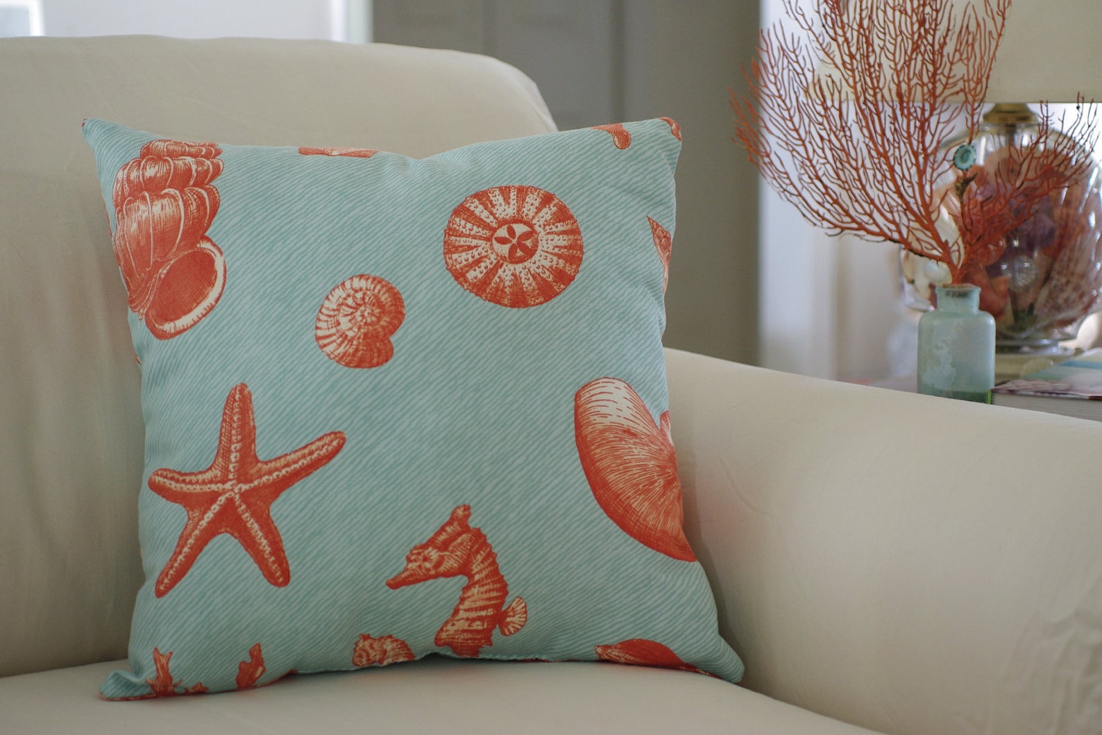 Beach Decor Aqua Blue Coral Sea Life and Shell Throw Pillow - Etsy