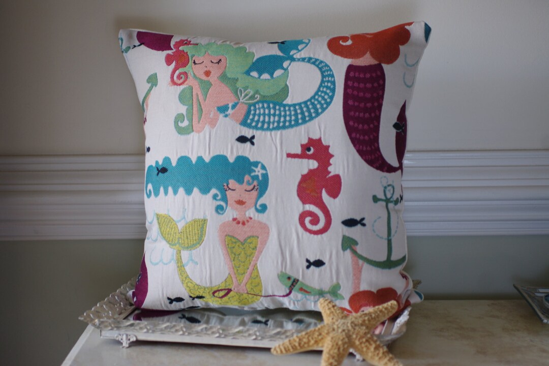 Embroidered Mermaid Pillow - Beach Decor - Whimsical Mermaid Fabric - Etsy