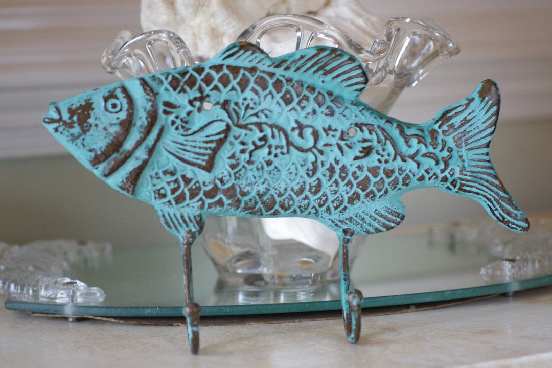 Beach Decor Cast Iron Fish Wall Hook Ocean Blue Green Verdigris - Etsy