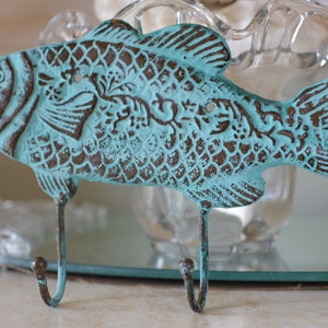 Beach Decor Cast Iron Fish Wall Hook Ocean Blue Green Verdigris - Etsy
