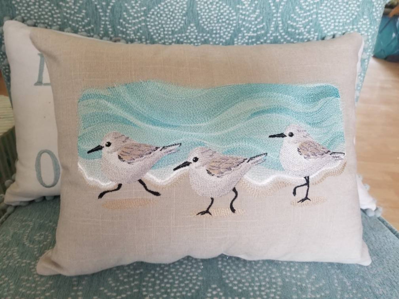 Embroidered Sandpiper Lumbar Pillow 12x16 - Coastal Decor - Linen - Etsy