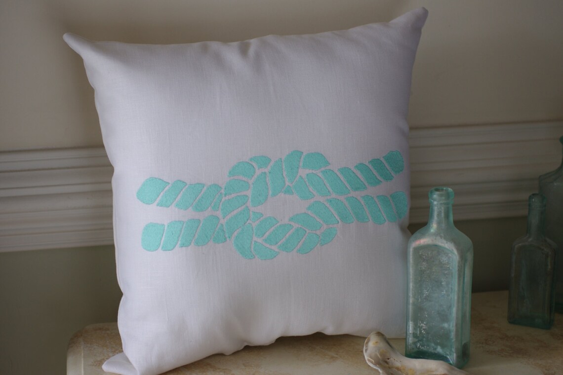 Beach Themed Pillow - Natural Linen - Embroidered Knot - Coastal Decor ...