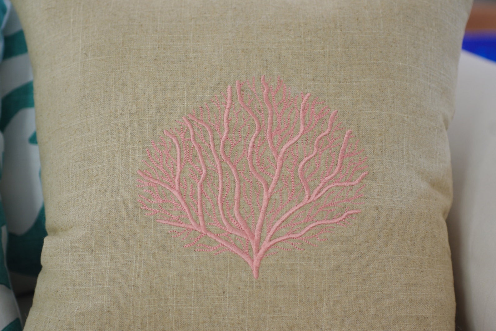 Beach Decor Linen Machine Embroidered Coral Throw Pillow - 16x16 - Etsy