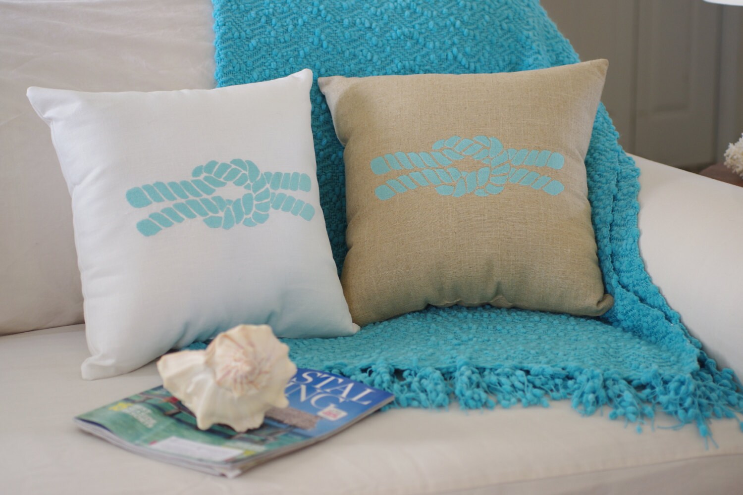 Beach Themed Pillow - Natural Linen - Embroidered Knot - Coastal Decor ...